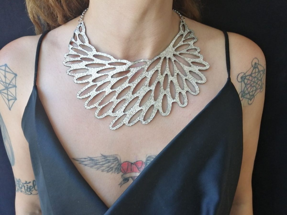 Laser cut filigree leather bib necklace, Gold necklace with nature ...